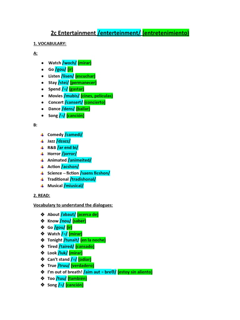 2c Entertainment /enterteinment/ (Entretenimiento) : 1. Vocabulary: A | PDF