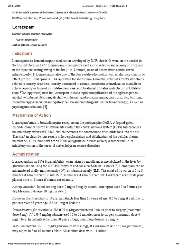 Lorazepam - StatPearls - NCBI Bookshelf PDF | PDF | Benzodiazepine ...