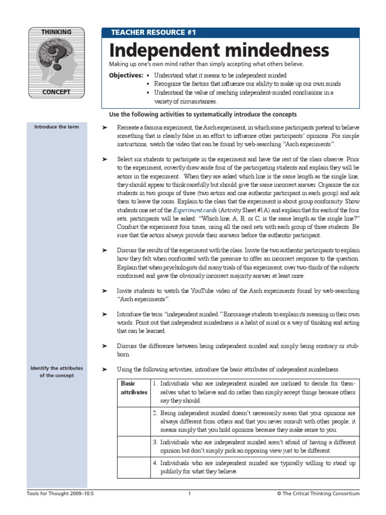 Independent Mindedness: Teacher Resource #1 | PDF | Experiment | Mind