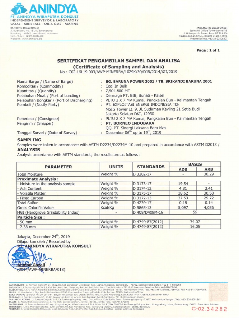 COA SLBM - BG. Baruna Power 3001 - TB. Srikandi Baruna 2001 06-19 ...