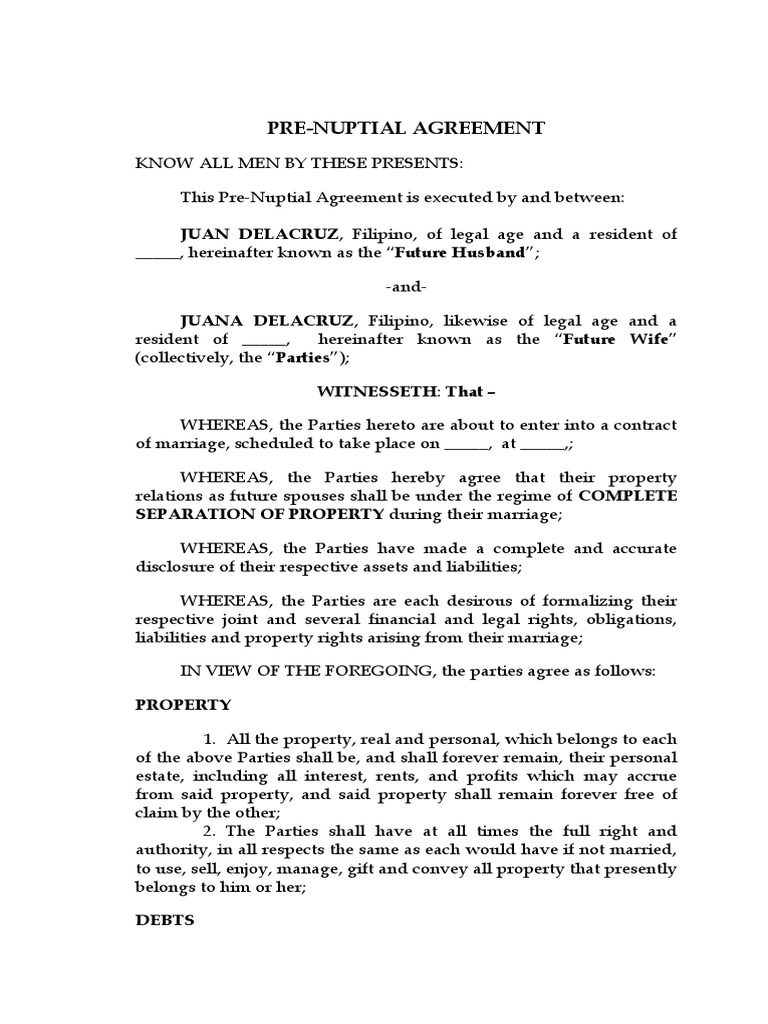 Sample Prenup 29jan2020 | PDF | Marriage | Indemnity