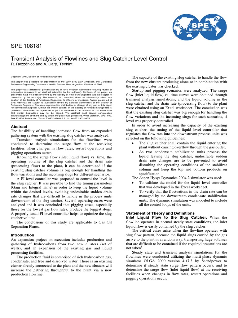 SPE-108181 Transient Analysis-Hysys Dynamics and OLGA | PDF | Fluid ...