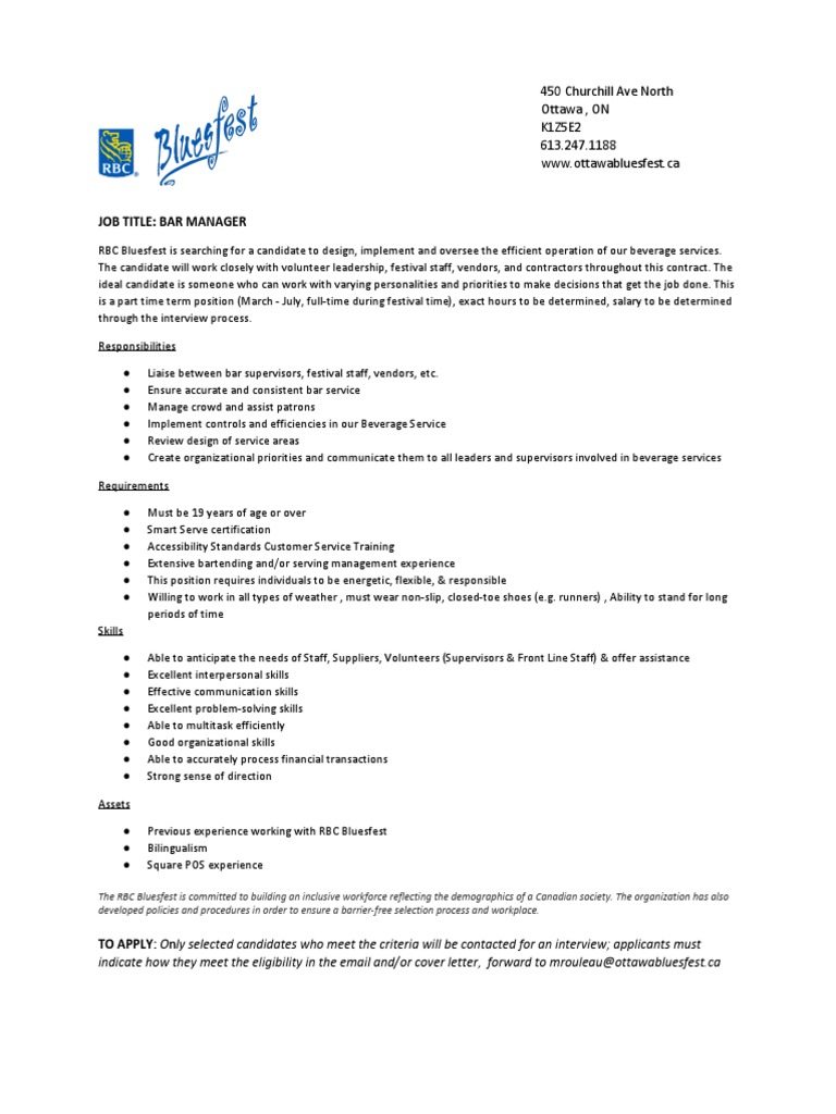 Bar Manager Job at RBC Bluesfest | PDF | Leadership | Business