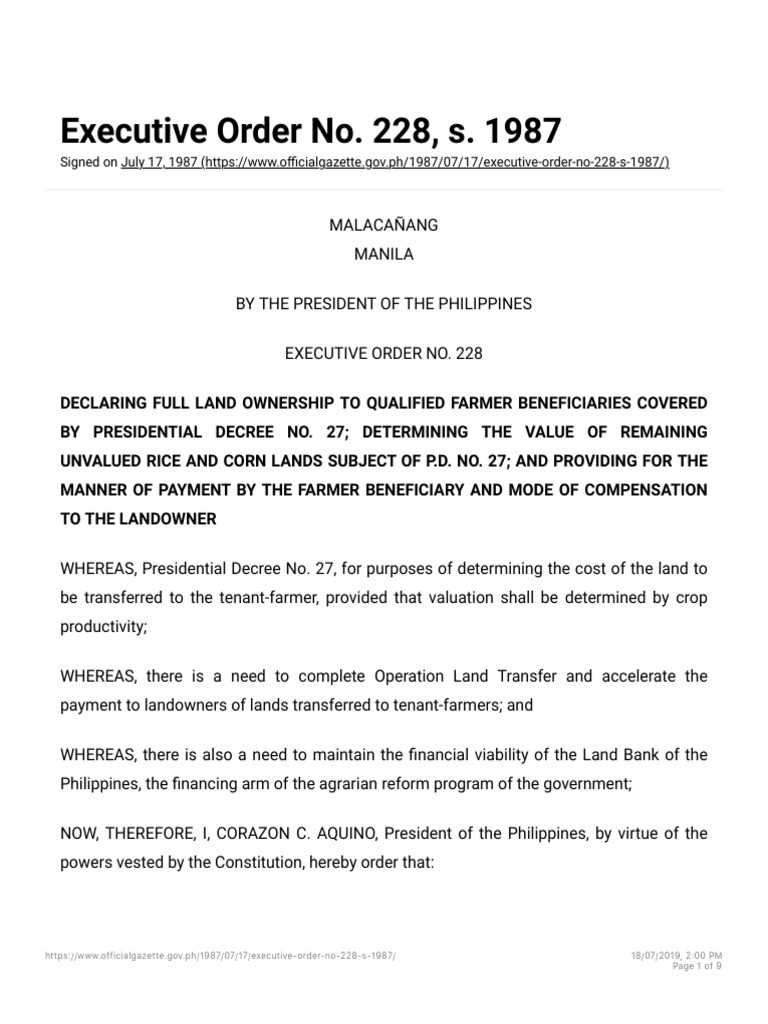 Executive Order No. 228, S. 1987 - Official Gazette of The Republic of ...