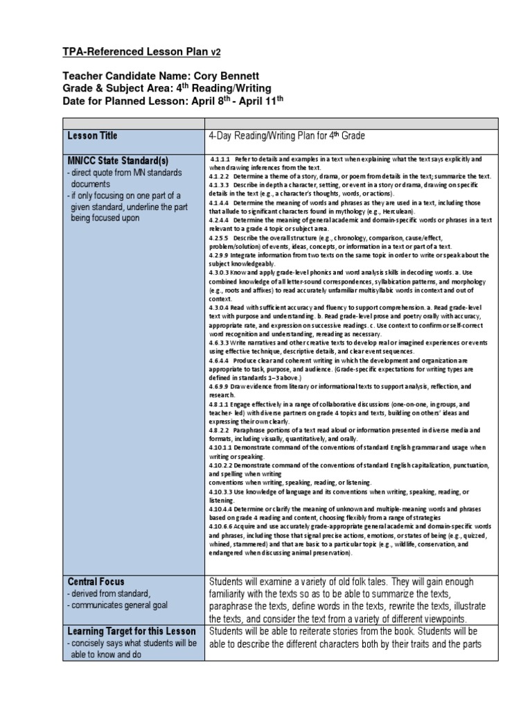Edtpa Day 1-4 4th Grade Lesson Plan | PDF | Teachers | Lesson Plan