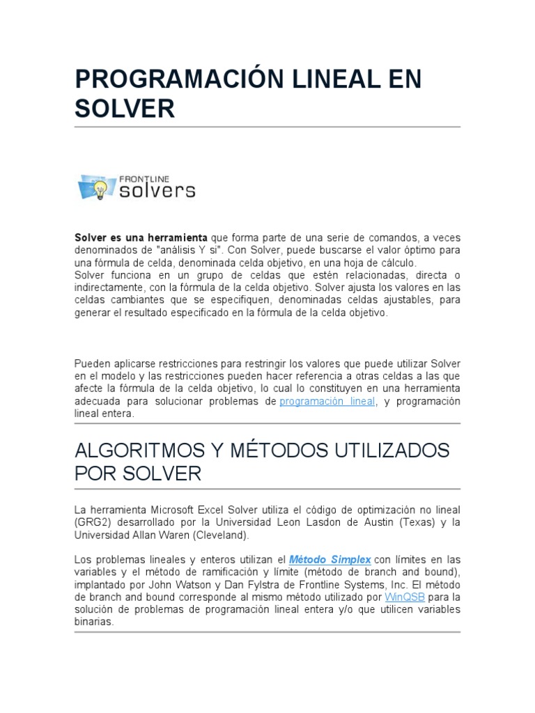 PL en Solver | PDF | Programación lineal | Microsoft Excel