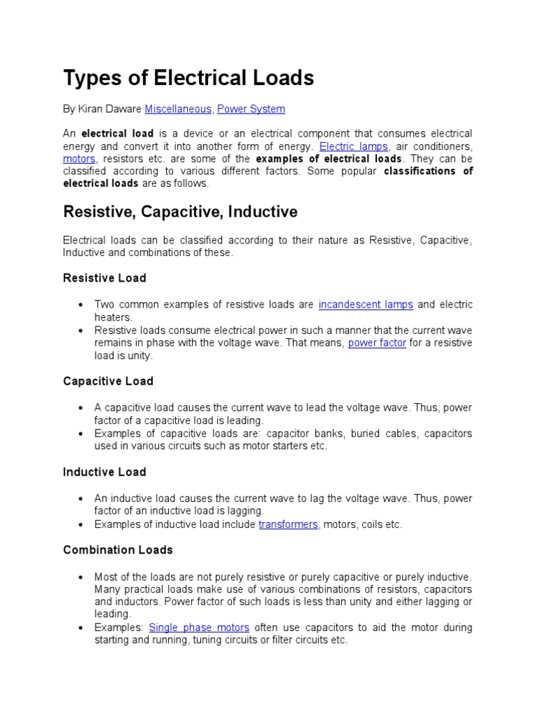Types of Electrical Loads | PDF | Inductance | Capacitor