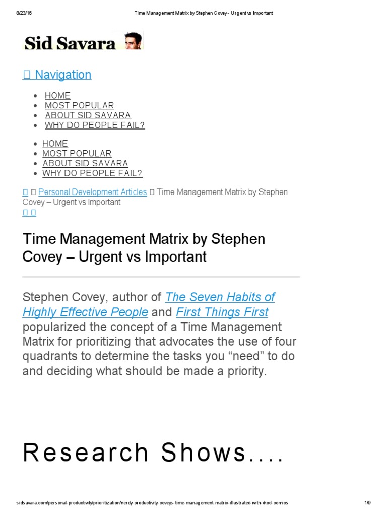 Time Management Matrix by Stephen Covey - Urgent Vs Important PDF | PDF ...