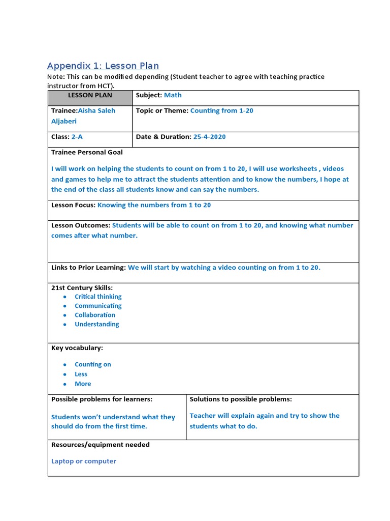 Appendix 1: Lesson Plan: Instructor From HCT) | Download Free PDF ...