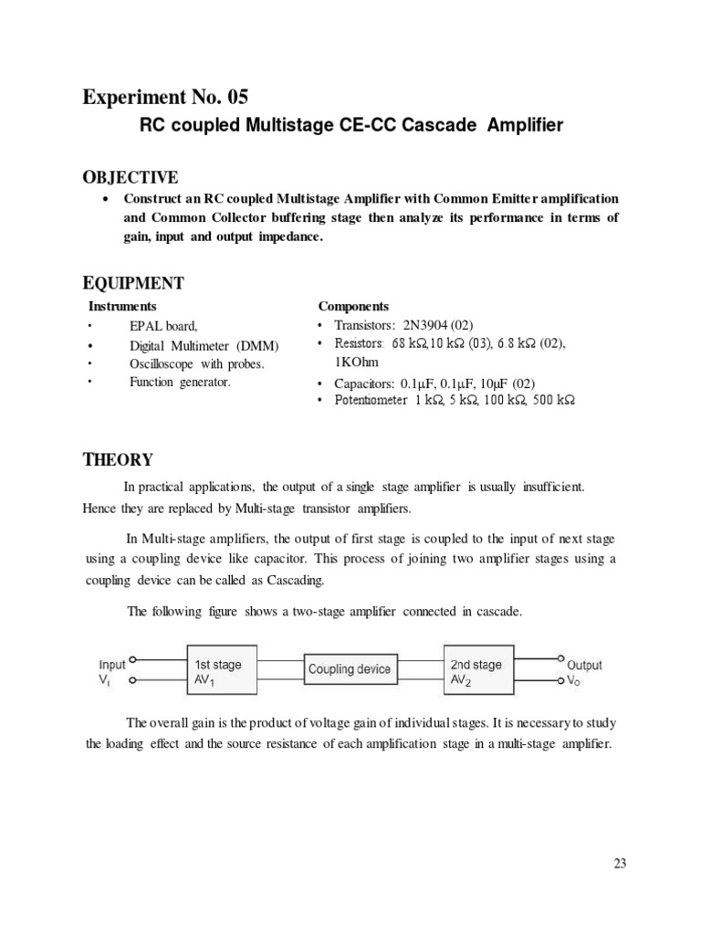 Experiment No. 05: RC Coupled Multistage CE-CC Cascade Amplifier | PDF ...