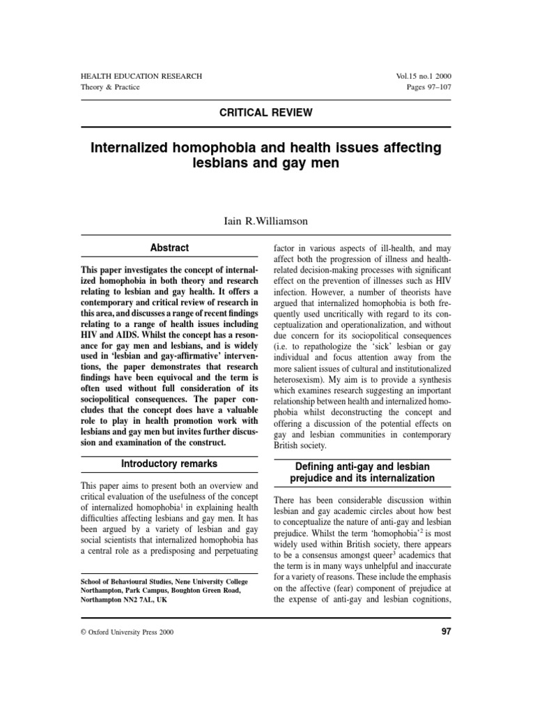Internalized Homophobia and Health Issues Affecting Lesbians and Gay ...