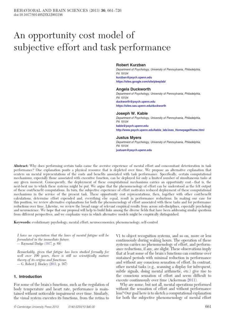 An Opportunity Cost Model of Subjective Effort and Task Performance ...