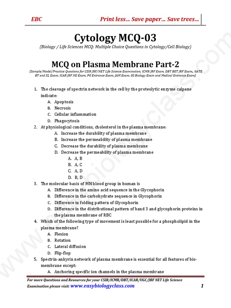 Cytology MCQ 03: MCQ On Plasma Membrane Part 2 | PDF | Cell Membrane | Fatty Acid