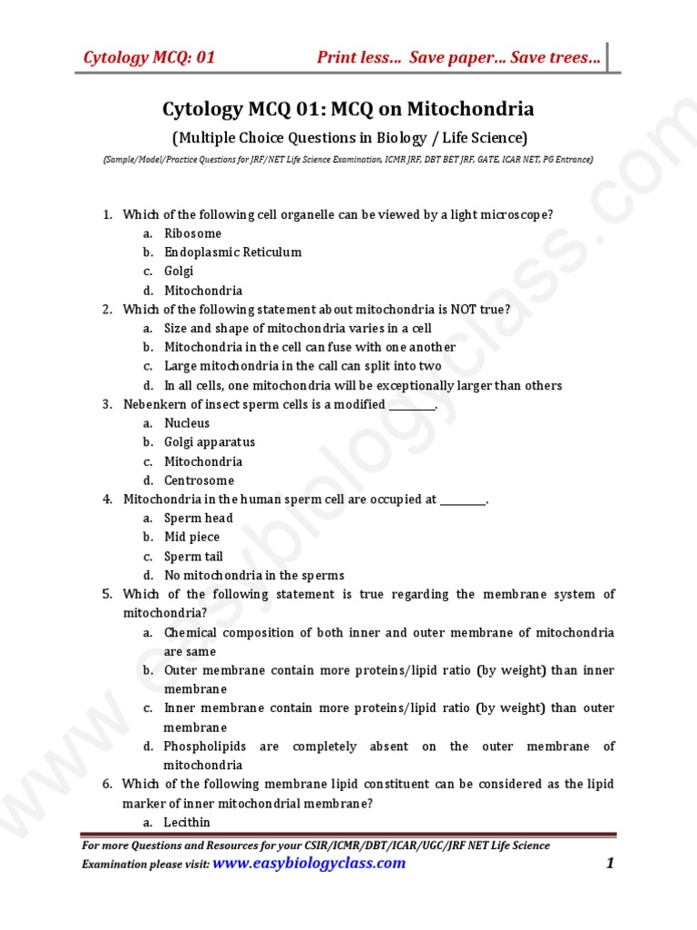 Cytology MCQ 01: MCQ On Mitochondria: Cytology MCQ: 01 Print Less Save Paper Save Trees | PDF ...