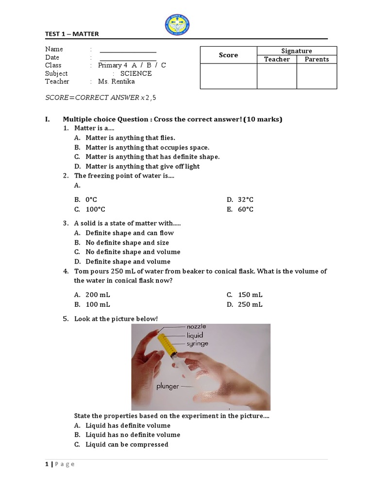 Science Test-Chapter 1 Matter | PDF | Liquids | Matter