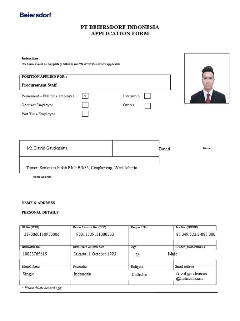 PT Beiersdorf Indonesia Application Form: Procurement Staff | PDF ...