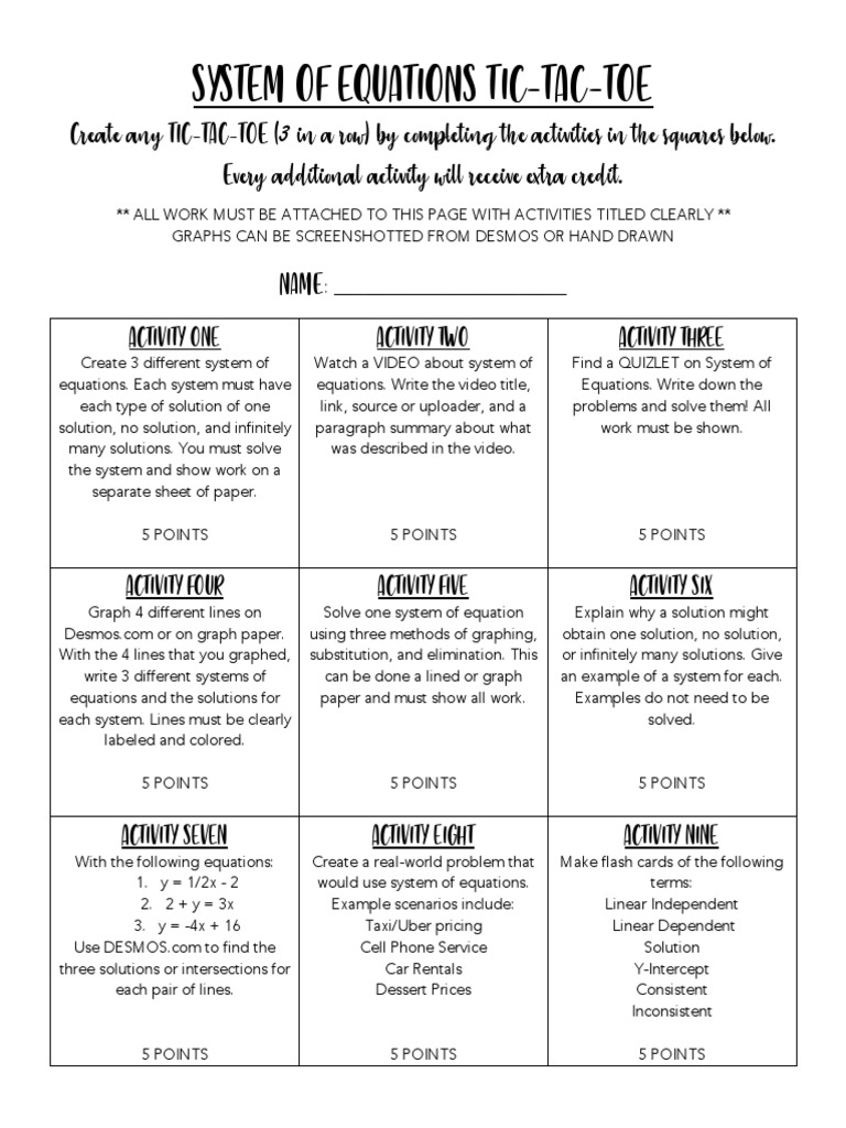 System of Equations - Choice Board Tic Tac Toe | PDF | Equations ...