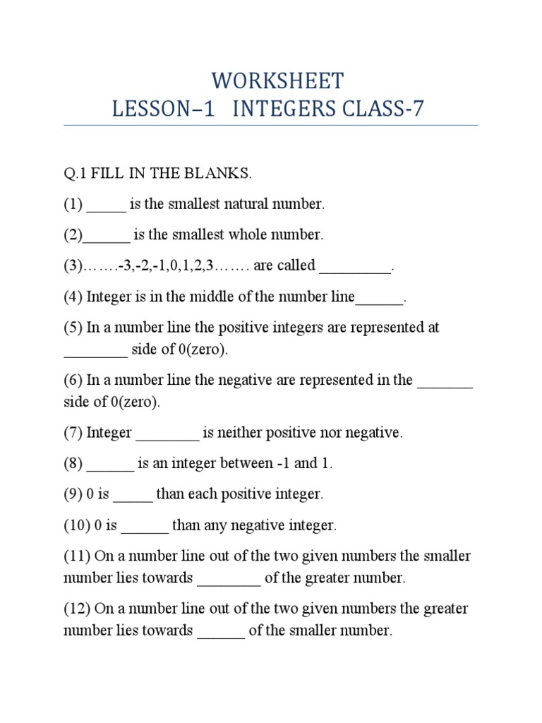 Class 7 Integers Worksheet | PDF