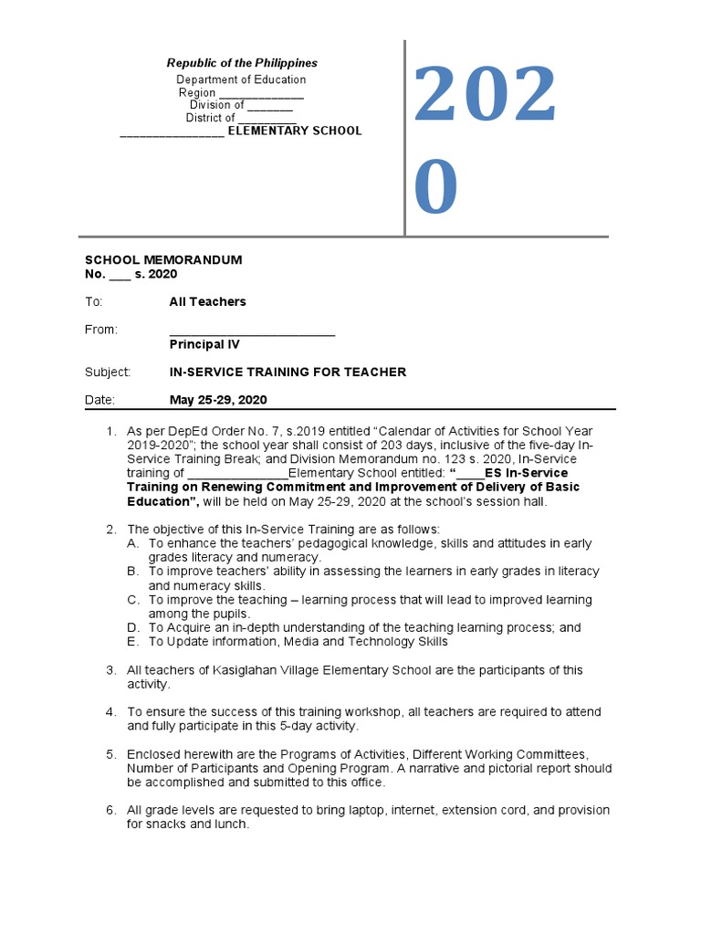 In-Service Training Memo for Teachers | PDF | Teachers | Literacy