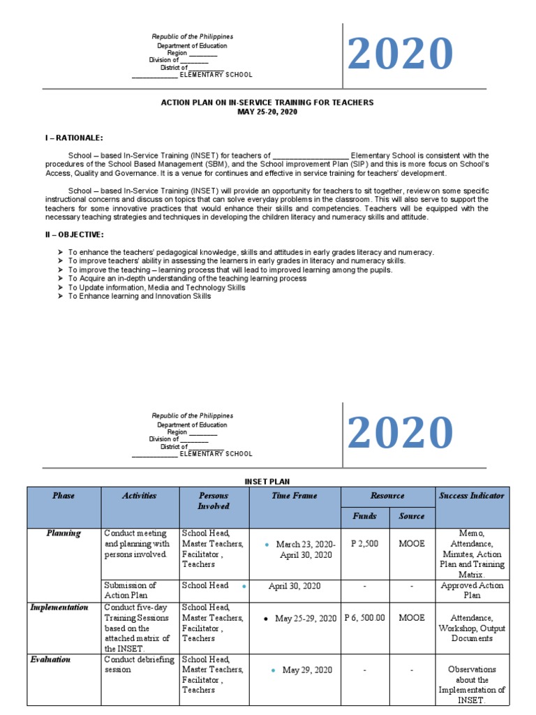 Inset Plan & Action Plan 2020 | PDF | Teachers | Literacy