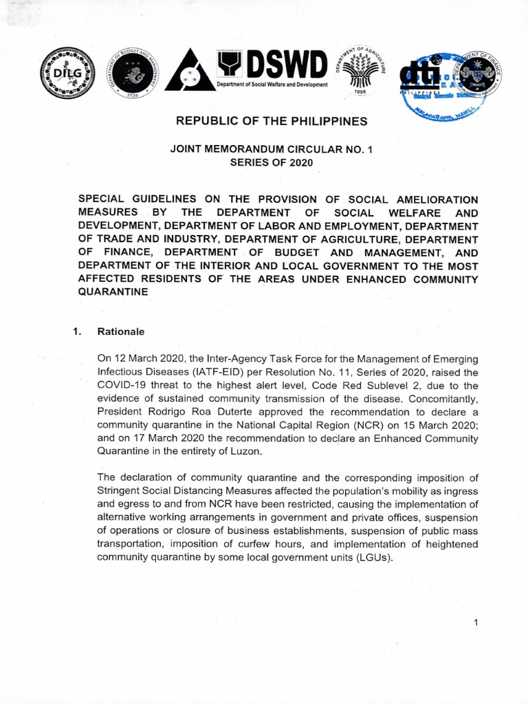 DSWD DOLE DTI DA DOF DBM DILG Joint Memorandum Circular No 1 S 2020 ...