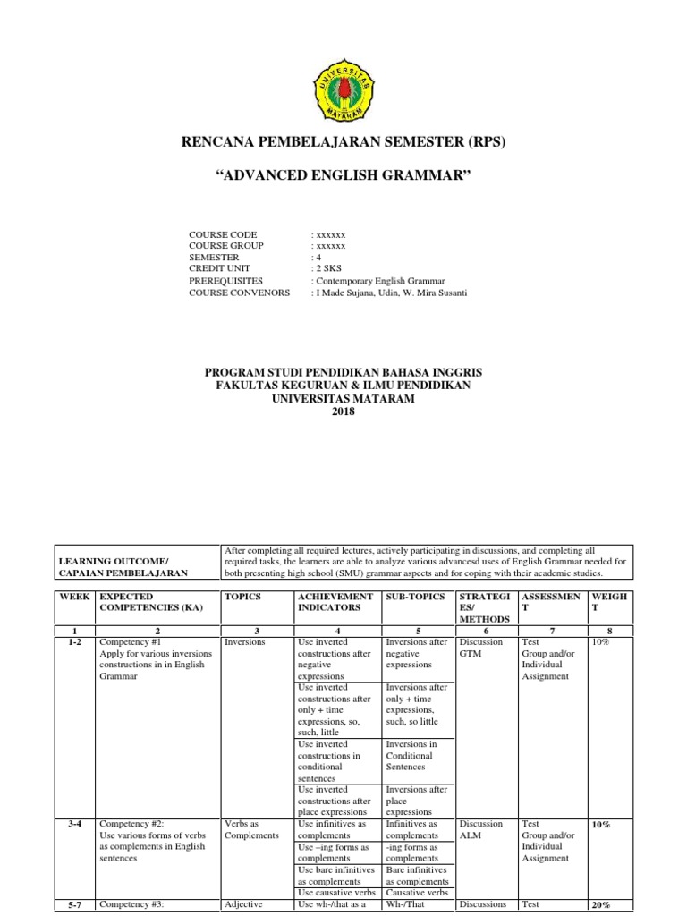 Rencana Pembelajaran Semester (RPS) : "Advanced English Grammar" | PDF | Adjective | Clause