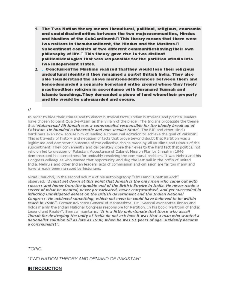 Pka Study The Two Nation Theory | PDF | Muhammad Ali Jinnah | Partition ...