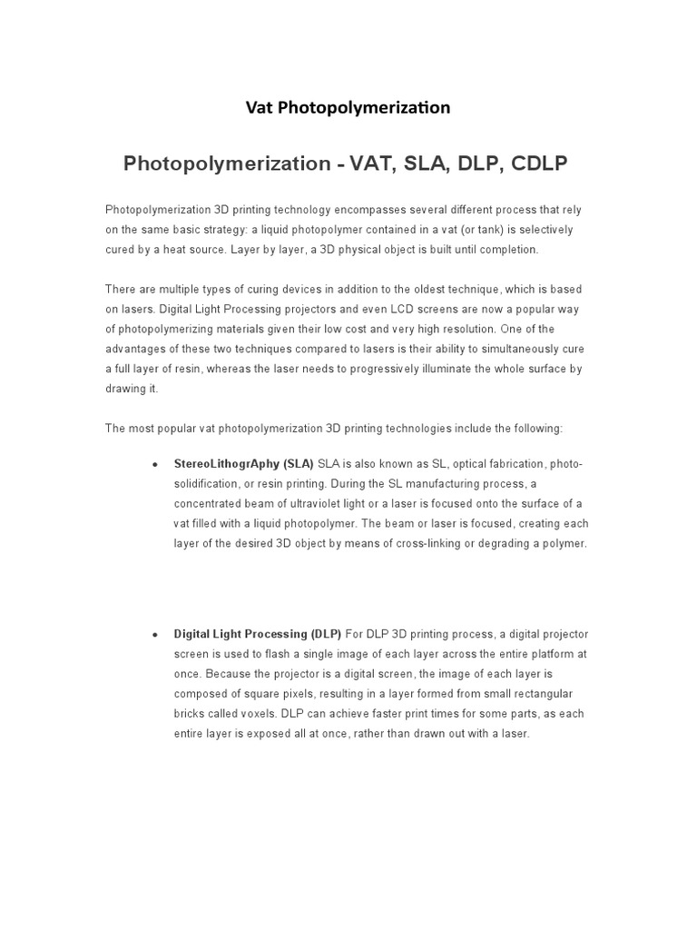 Photopolymerization - VAT, SLA, DLP, CDLP | PDF | 3 D Printing | Optics