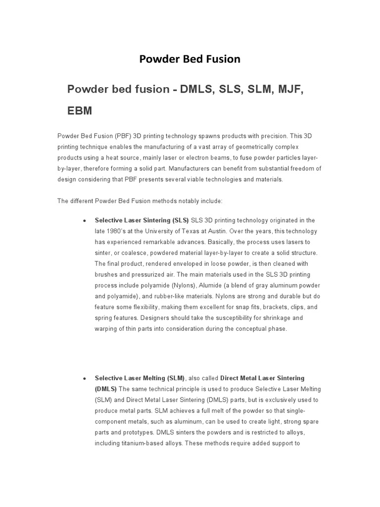 Powder Bed Fusion - DMLS, SLS, SLM, MJF, EBM | PDF | 3 D Printing ...