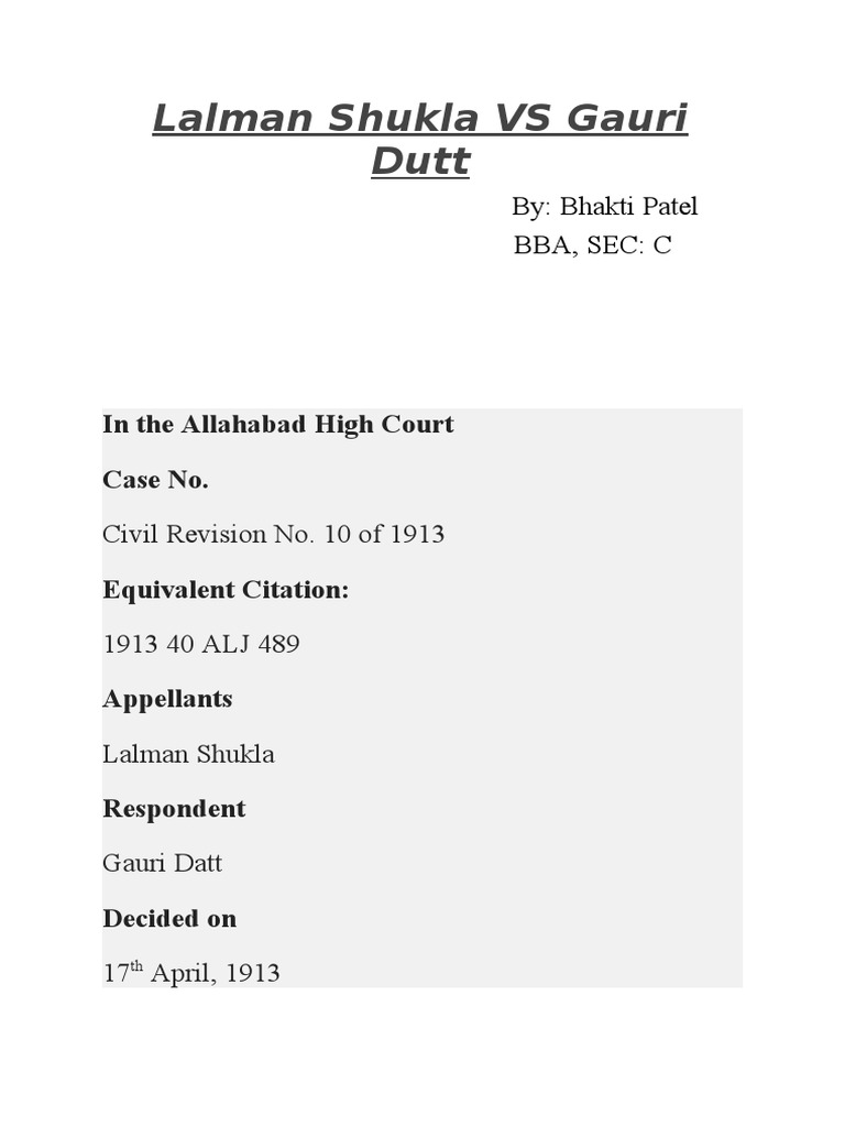 Lalman Shukla vs Gauri Datt Case Summary | PDF | Lawsuit | Common Law