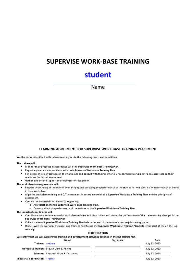 Learning Agreement for Supervised Work-Based Training | PDF ...