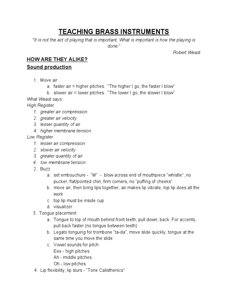 Teaching Brass Instruments: How Are They Alike? Sound Production | PDF ...