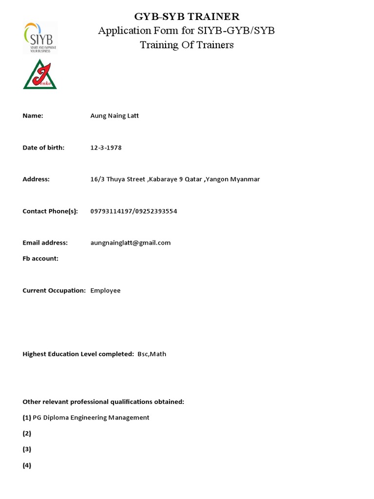 GYB-SYB Trainer Application | PDF