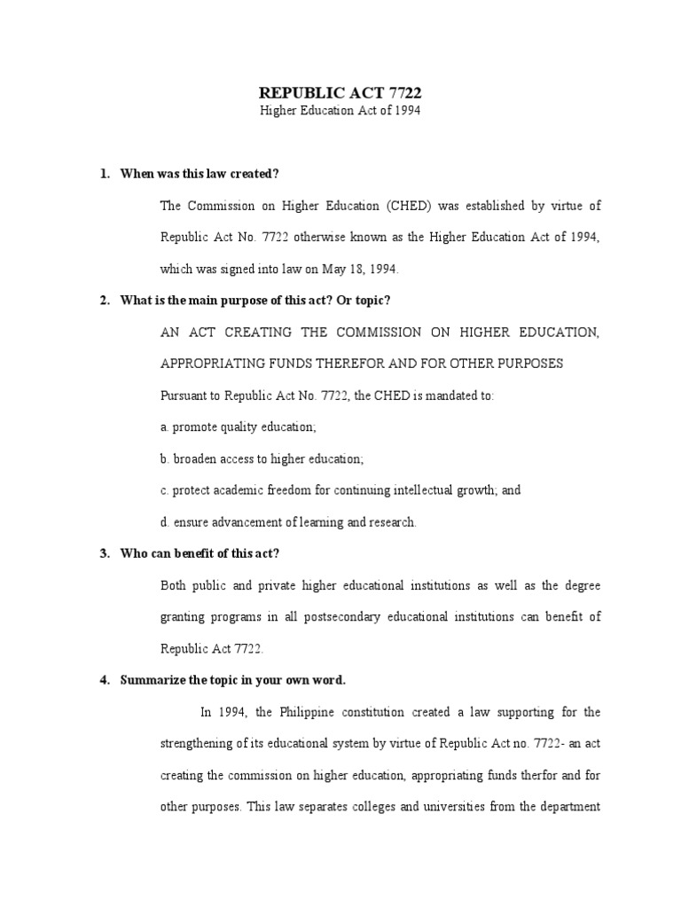Republic Act 7722: 1. When Was This Law Created? | PDF | Academic ...