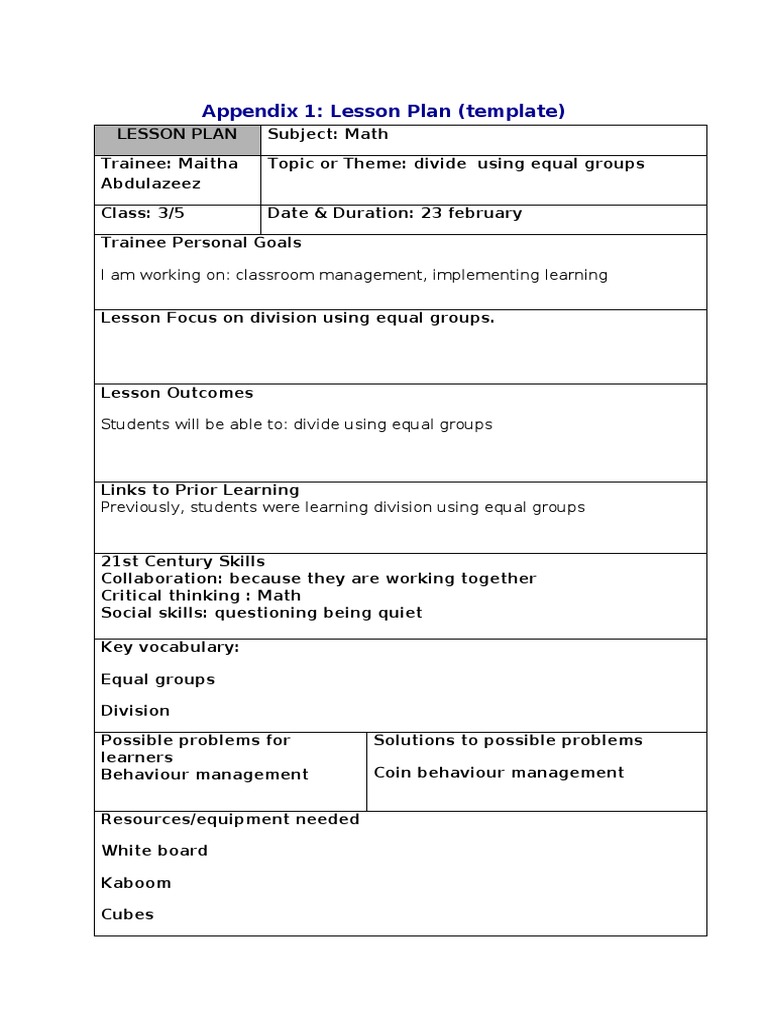 Appendix 1: Lesson Plan (Template) : I Am Working On: Classroom ...
