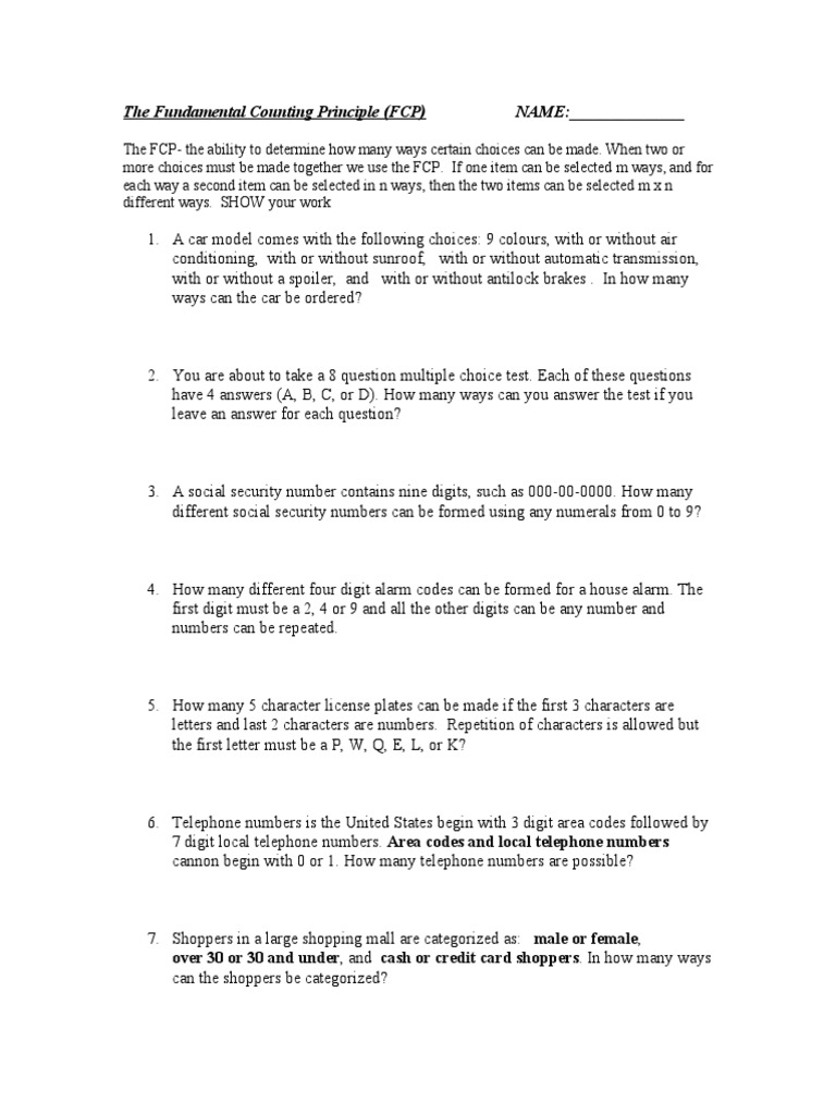 The Fundamental Counting Principle Worksheet | PDF
