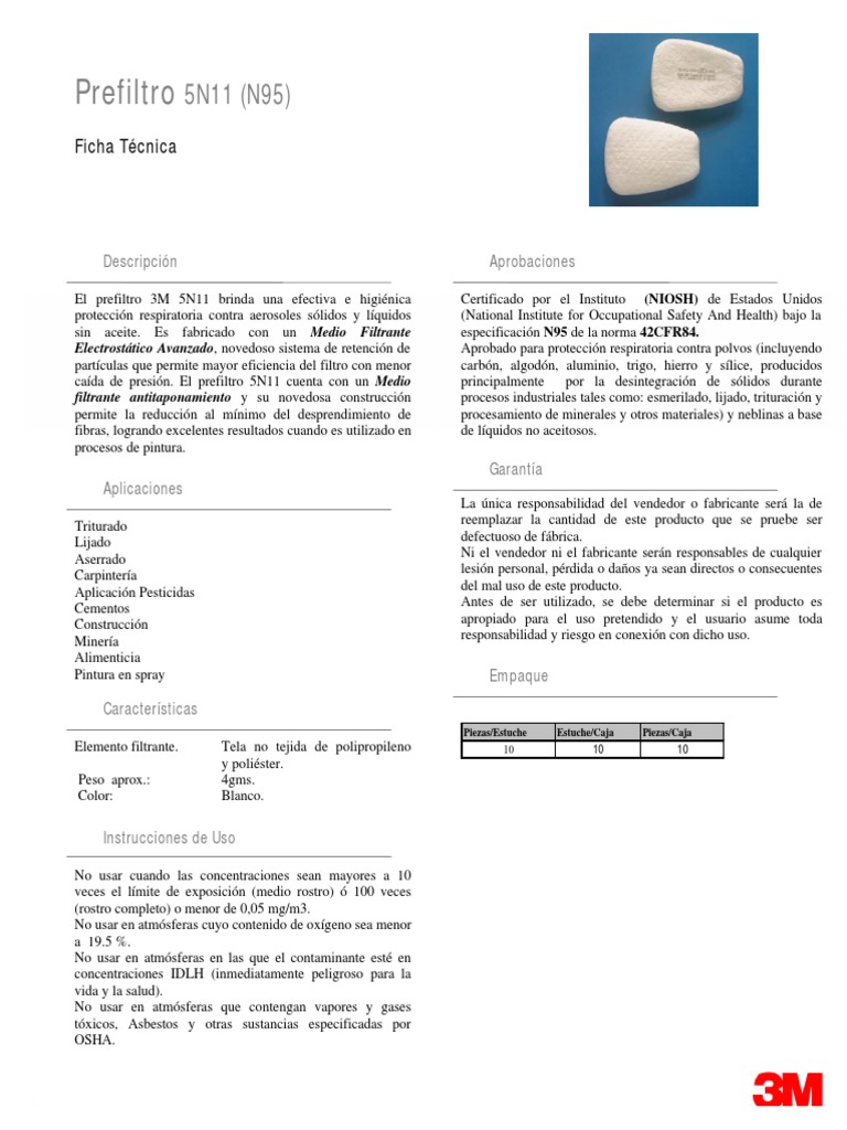 Ficha Tecnica 3m Prefiltro 5n11 n95 Particulas Segutecnica PDF | PDF ...