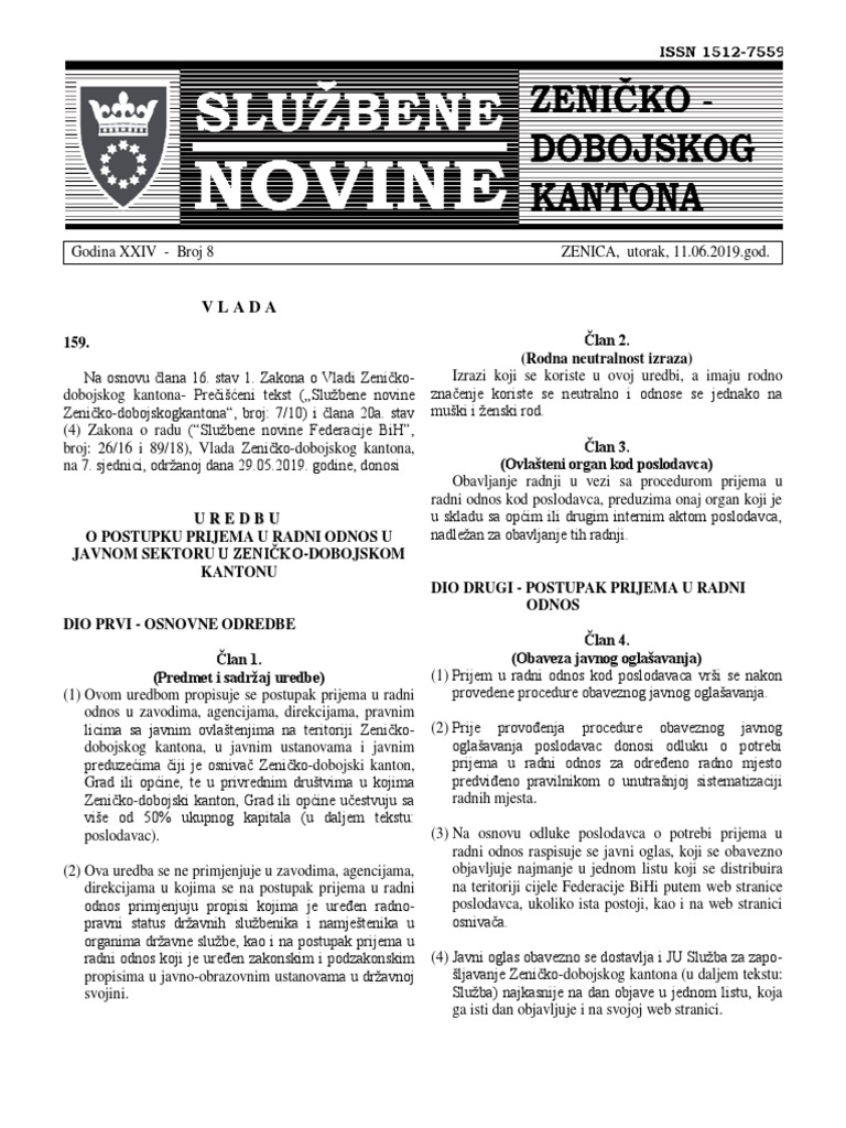 Uredba o Postupku Prijema U Radni Odnos U Javnom Sektoru U ZDK | PDF