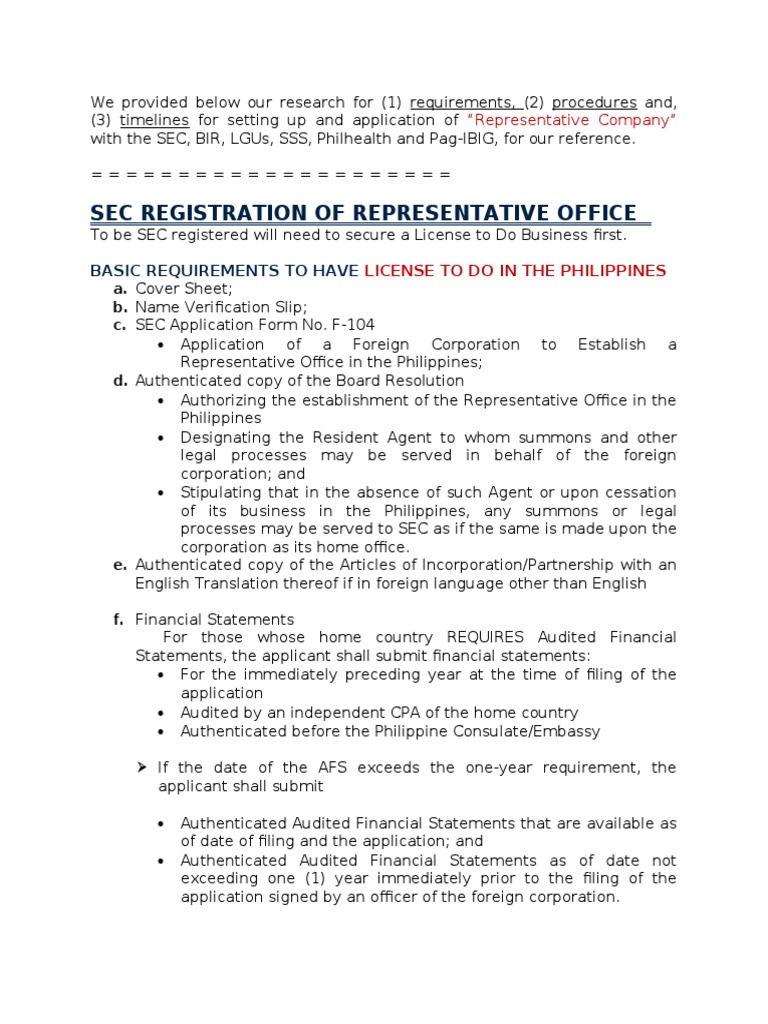 Sec Registration of Representative Office: Basic Requirements To Have ...