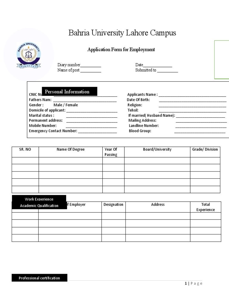 Bahria University Lahore Campus: Application Form For Employment | PDF