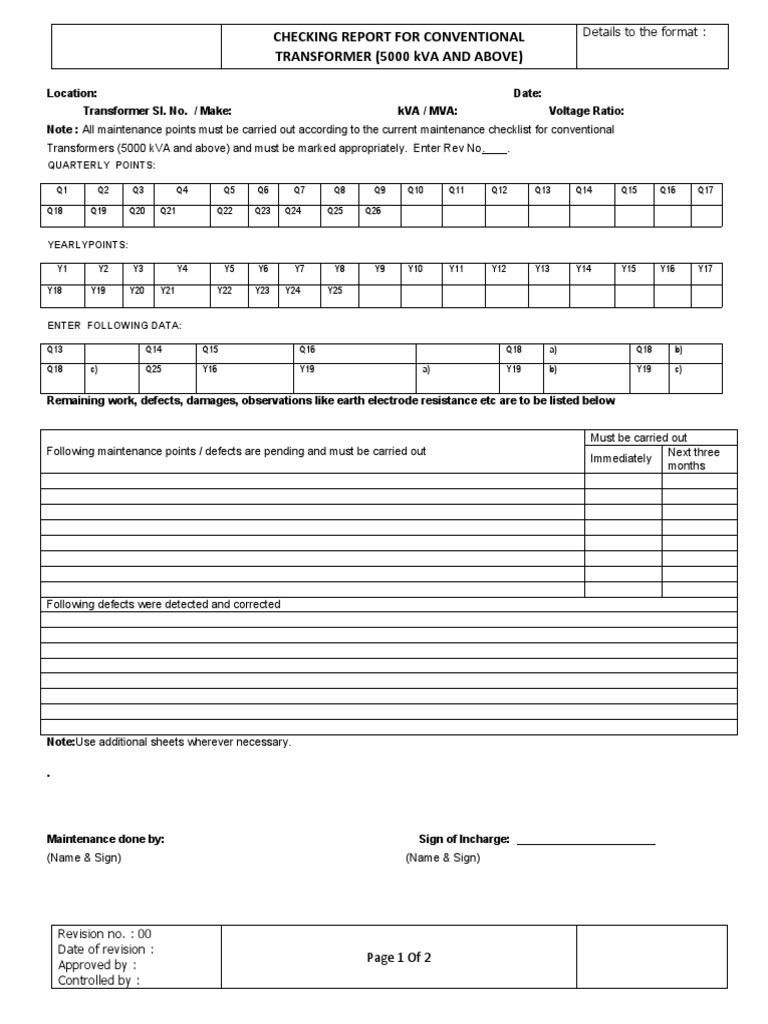 Transformer Maintenance Checklist Report | PDF | Electrical Engineering ...
