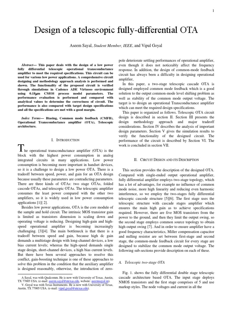 Design of A Telescopic Fully Differential OTA | PDF | Amplifier | Mosfet