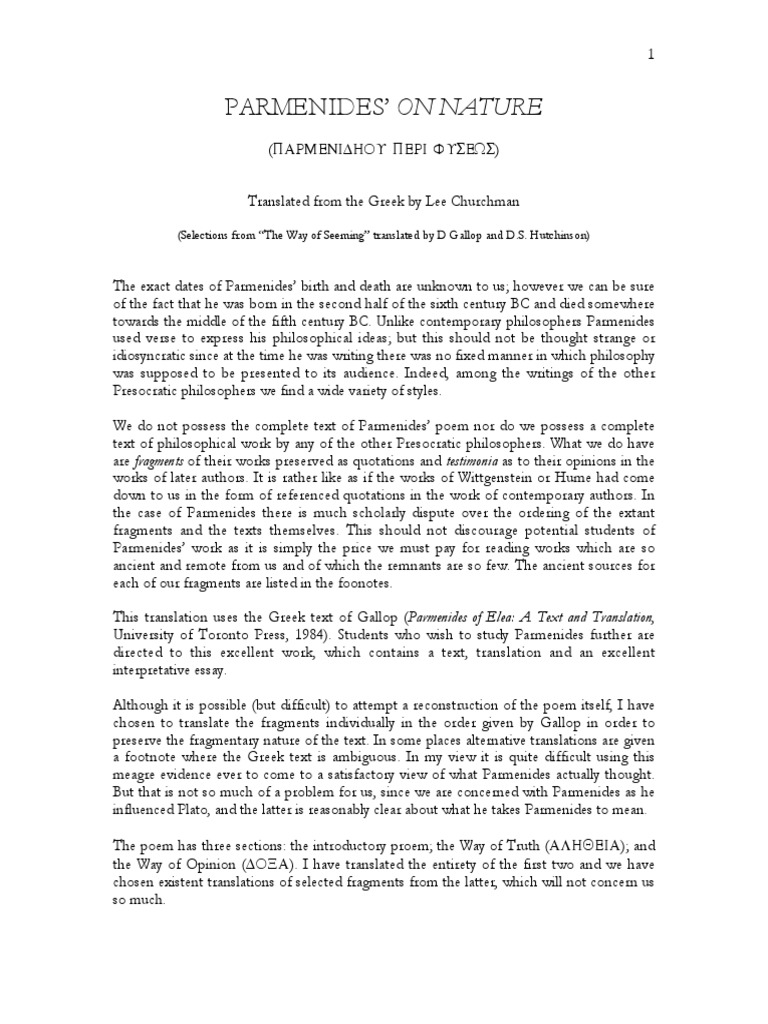 On Nature - Parmenides | PDF | Plato | Ancient Greek Philosophy