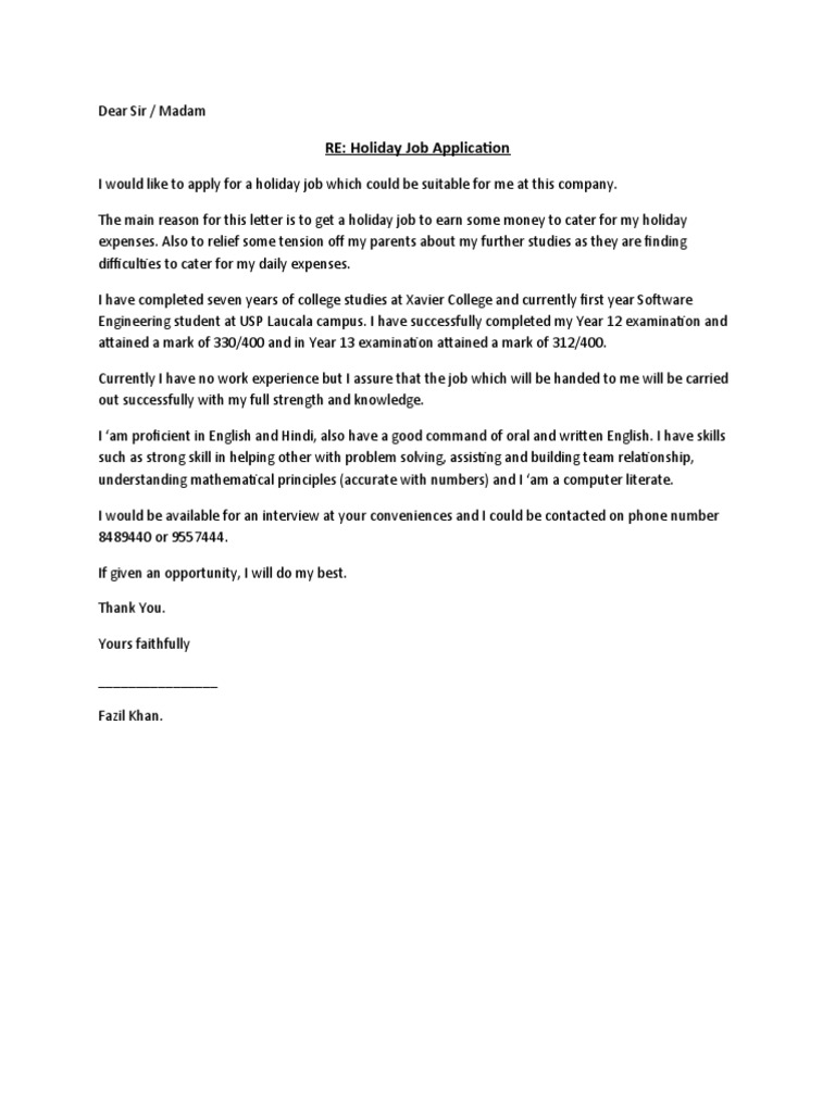 Holiday Job Application Letter | PDF | Career & Growth