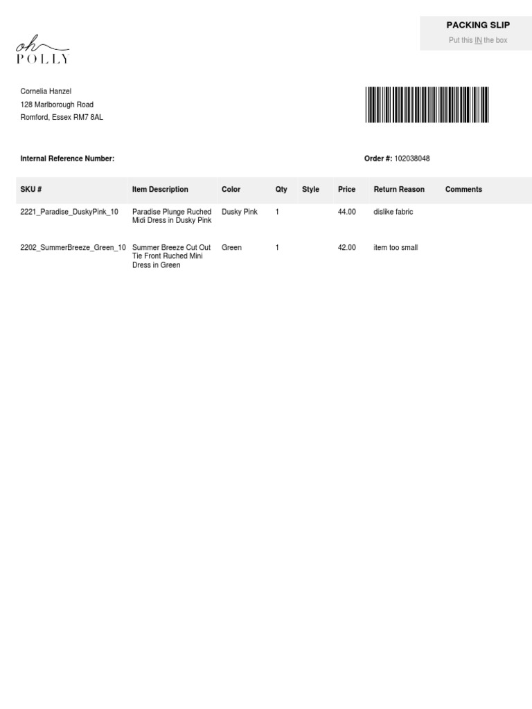 Internal Reference Number: Order #: 102038048: Packing Slip | PDF