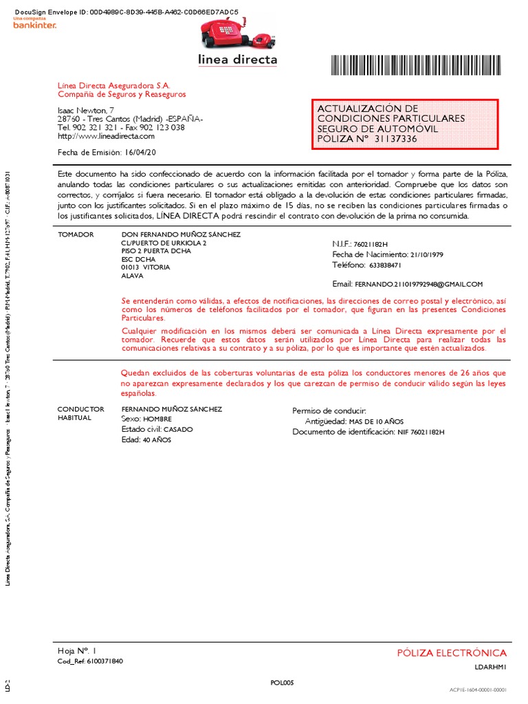 Actualización Condiciones Particulares | PDF | Póliza de seguros | Reaseguro