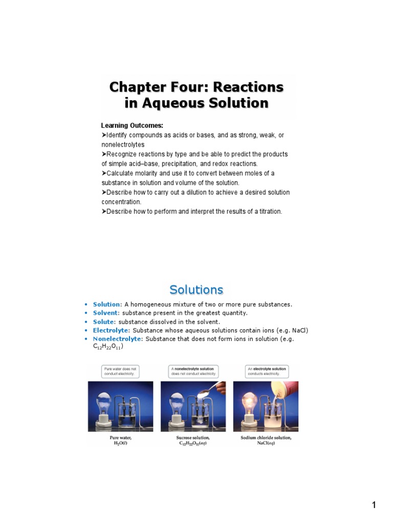 Chapter Four: Reactions in Aqueous Solution: Solutions | PDF | Solubility | Stoichiometry