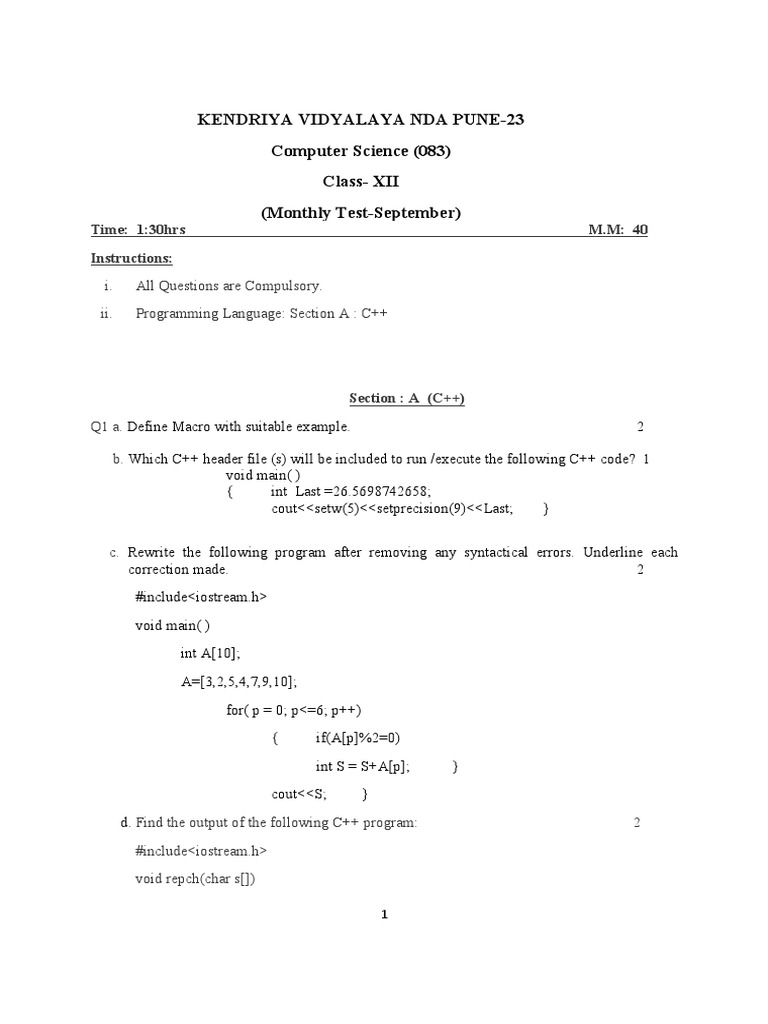 Kendriya Vidyalaya Nda Pune-23 Computer Science (083) Class-XII ...