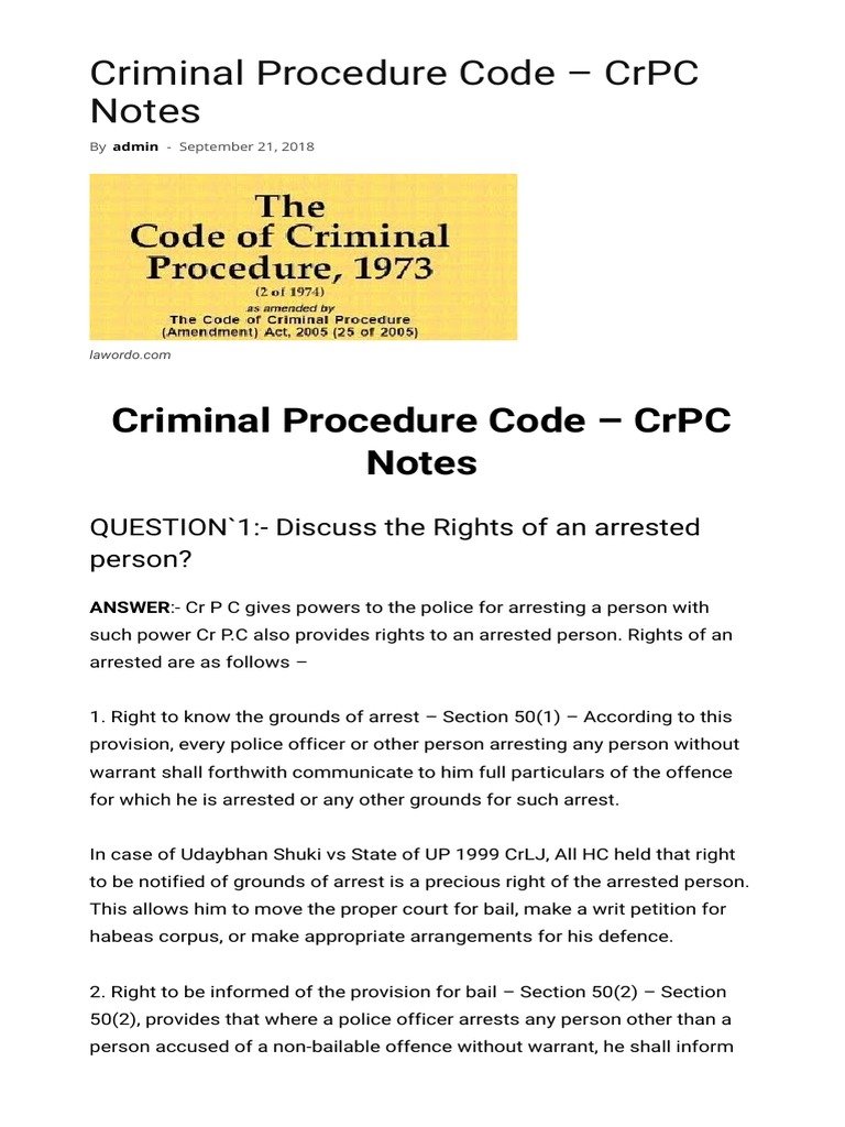 Criminal Procedure Code - CRPC Notes | PDF | Arrest | Plea