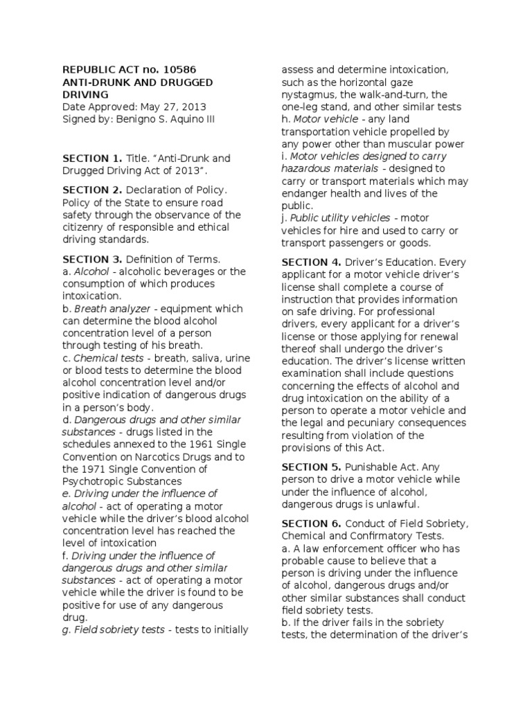 Ra-10586 Summary | PDF | Drunk Driving In The United States | Driving ...